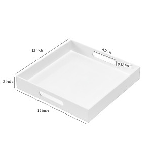 MUKEEN Glossy White Acrylic Serving Tray with Handles, 12x12x2H Inches - Spill Proof, Decorative Trays for Countertop, Ottoman Coffee Table, Nightstand, Breakfast, Tea, Food