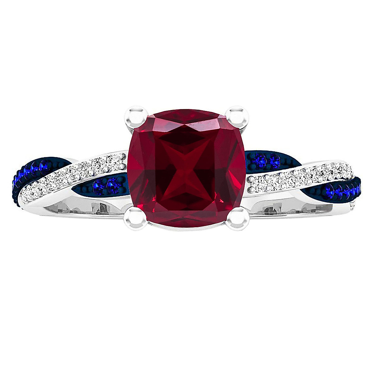 Dazzlingrock Collection 6 MM Cushion Lab Created Ruby with Round Blue Sapphire & Diamond Women Engagement Ring | 10K White Gold, Size 6.5