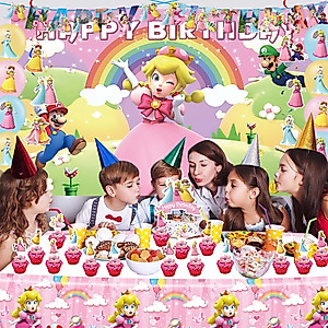 Mario Princess Peach Party Decorations, Mario Princess Peach Birthday Party Supplies Include Banner, Balloons, Hanging Swirls, Backdrops, Cake Toppers, Tablecloth, Mario Princess Peach Party Favors