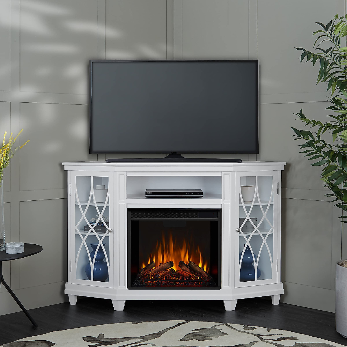 Lynette 56" Corner Electric Fireplace TV Stand in White by Real Flame