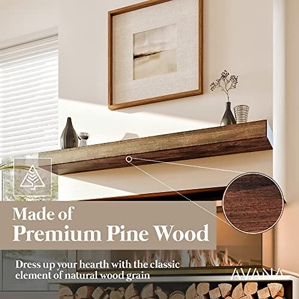 Avana Floating Fireplace Mantle - Mantles for Over Fireplace - Wall Mount Fireplace Mantel Shelves - Handcrafted Natural Wood Fireplace Mantels - Fireplace Mantel 72 Inches x 8 x 3 - Rustic Brown