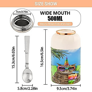 CUPADA Beach Cat Unicorn Food Jar, Tropical Palm Tree Insulated Hot Food Jars Vacuum 17OZ with Folding Spoon for Work Trip Picnic Camping