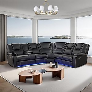 Evedy Living Room Furniture Sets, Sectional Sofa with LED Light Strip,Modern Faux Leather Manual Reclining with Center Console,PU Symmetrical Couch with 2 Cup Holders and Storage, Black e