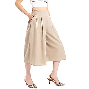 Lisskolo Linen Pants for Women Cropped Wide Leg Elastic Waist Casual Culottes Pants with Pockets Khaki XL