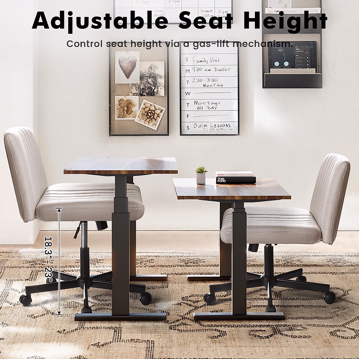 LEMBERI Criss Cross Chair with Wheels, Fabric Padded Armless Wide Seat Cross Legged Office Chair, Mid Back Swivel Computer Task Vanity Chairs for Home, Make Up,Small Space, Bed Room(Beige)