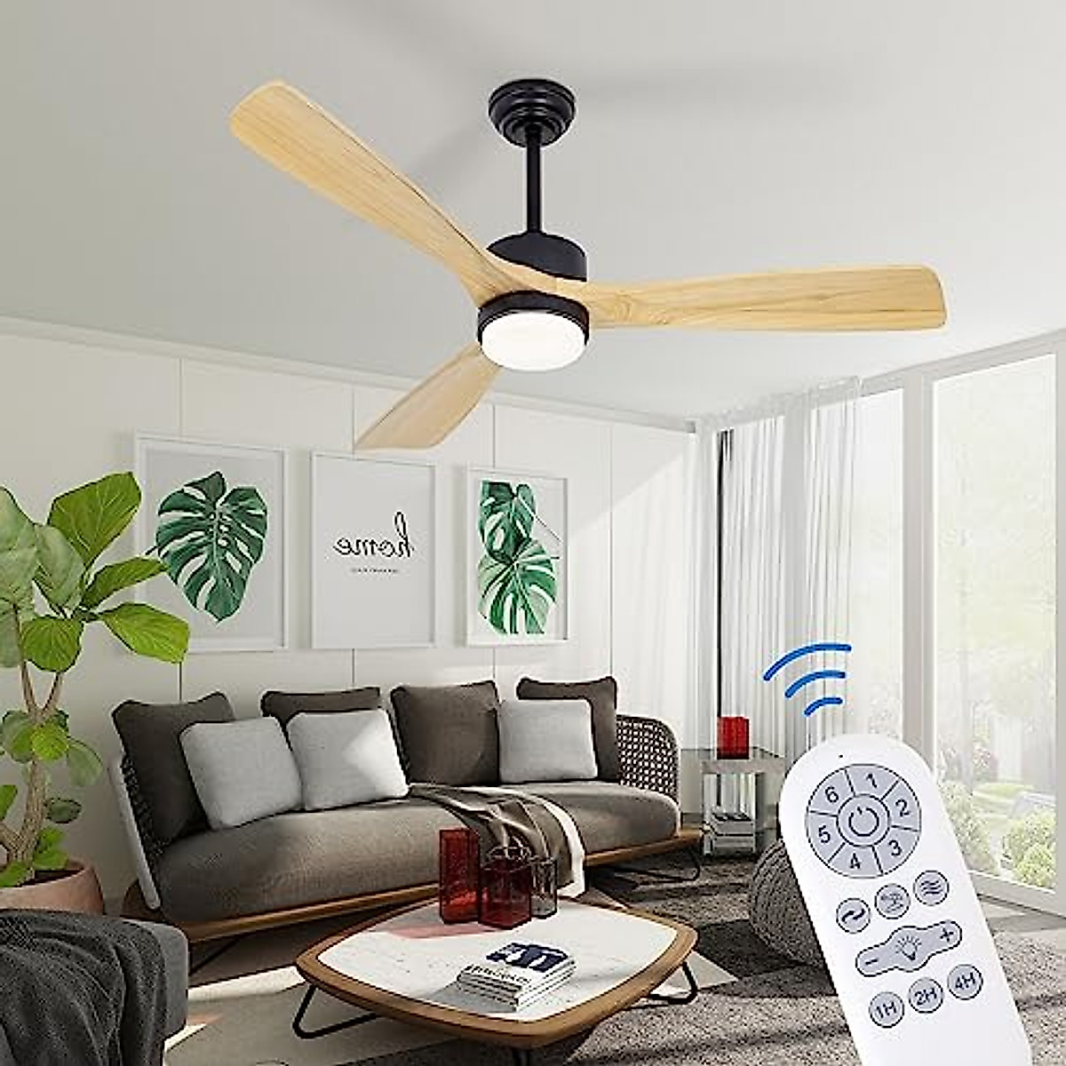 VACILL 52 inch Wood Ceiling Fans with Lights and Remote 120V,DC Motor,Indoor Outdoor Noiseless Reversible Ceiling Fan,6 Speed Levels,LED Dimmable,Color Natural