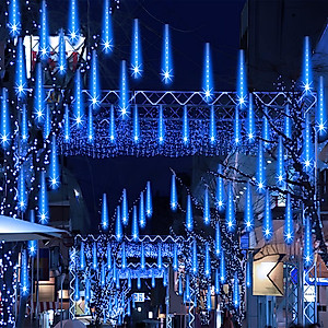 Adecorty Outdoor Christmas Lights Meteor Shower Lights UL Certified 8 Tubes 192 LED Snow Falling Rain Drop Lights Dripping Icicle String Lights for Christmas Tree Decorations Xmas Wedding Party, Blue