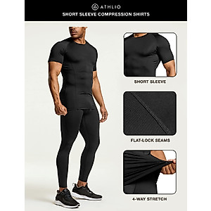 ATHLIO Men's Cool Dry Short Sleeve Compression Shirts, Sports Baselayer T-Shirts Tops, Athletic Workout Shirt, 3pack Tops Black/Black/Black, Small