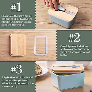 DOWAN Large Butter Dish with Knife - Butter Keeper Container with Lid, High- quality Silicone Sealing Butter Dishes Perfect for 2 Sticks of Butter West or East Coast Butter, Blue