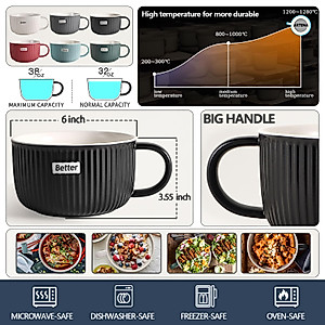 Artena 38 Ounce Soup Bowl with Handles, 6 inch Jumbo Soup Mug with Handles, Wide Large Cereal Bowl for Oatmeal, Gumbo, Salad, Oversized Black Glazed Ceramic Soup Cup, Microwave & Oven Safe