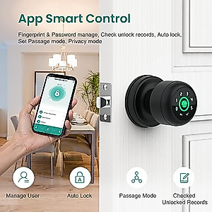 GHome 4 IN 1 Smart Fingerprint Door Knob with Keypad Door Lock, Biometric Smart Door Knobs & App Control, Keyless Entry Door Lock Great for Home, Bedroom, Apartment Offices and Garages