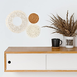 Set of 8 Boho Wall Basket Decor Flat Woven Basket Wall Decor Set Rattan Wall Decor Round Bamboo Hanging Wall Basket Macrame Tassels Wall Tapestry Boho Basket Wall Art for Bedroom Living Room Nursery