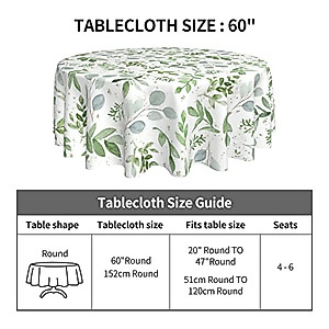 Spring Floral Teal Sage Green Tablecloth Round 60 Inch Watercolor Eucalyptus Leaf Round Table Cloth Wrinkle Resistant Washable Table Cover for Kitchen Dining Room Holiday Party Picnic Patio