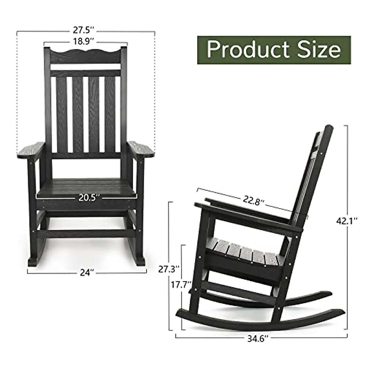 Stoog All-Weather Outdoor Rocking Chairs, Porch Rocker with 400 lbs Weight Capacity, Rocking Chars for Porch, Backyard, Fire Pit, Lawn, Garden and Indoor, Black