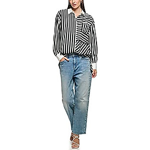 Karl Lagerfeld Paris Women's Soft Long Sleeve Stripe Everyday Fashion Sport Blouse, Black SFT White, Large
