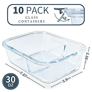 KOMUEE 30 Pieces Glass Food Storage Containers Set and 10 Packs 30 oz Glass Meal Prep Containers 2 Comparment, Airtight and BPA-Free