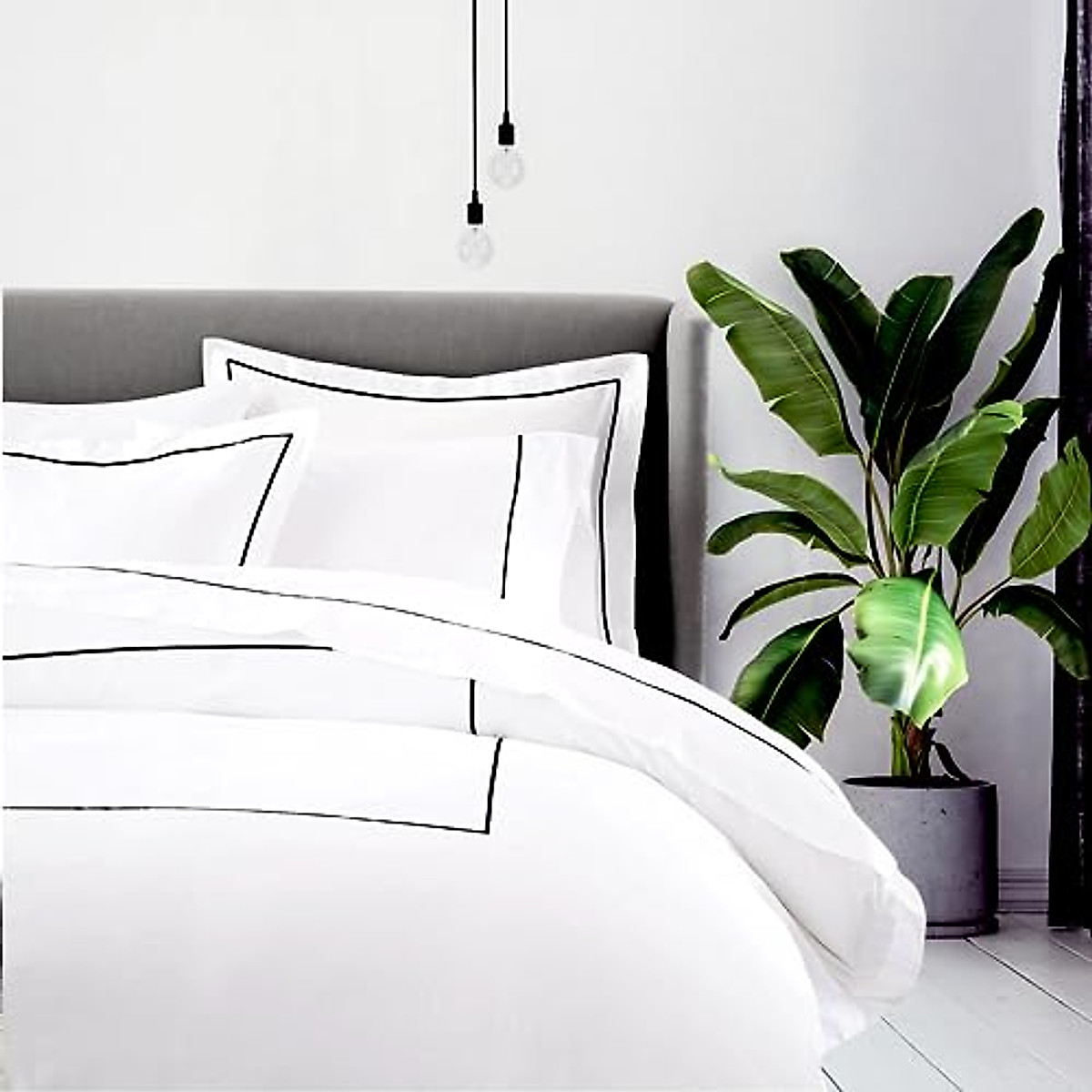 BEDLAM 100% Cotton Sheets - Hotel Style, Luxurious, 500 TC White Cotton Sheets with a Beautiful Black Trim - 6pcs Bed Sheets Set, Includes 4 Cotton Pillowcases - Queen Size Sateen Cotton Sheet Set