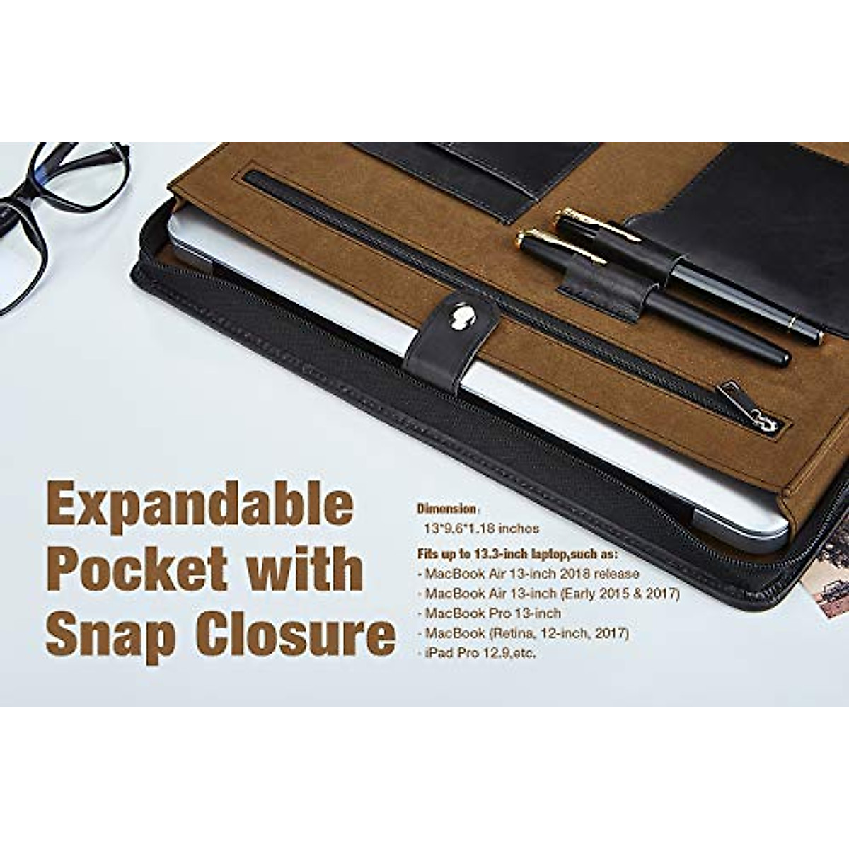 AZXCG Handmade Genuine Leather 3 Ring Binder Portfolio Folder with Zipper for 13.3” Tablet/Laptop,Professional Leather Binder with Letter Size Notepad (Non-Custom, Black-Oil)