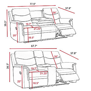 2 Pieces Faxu Leather Recliner Sofa Set, 3 Seater Manual Reclining Sofa & Loveseat with Storage Console & 4 Cup Holders and Footrest, Sectional Couch Home Theater Seating RV Furniture