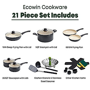 Ecowin Non Stick Cooking Sets, Granite Coating Nonstick Cookware Set, Kitcken Pots and Pans PFOA Free, Oven Safe & Dishwasher Safe - 21 Pieces