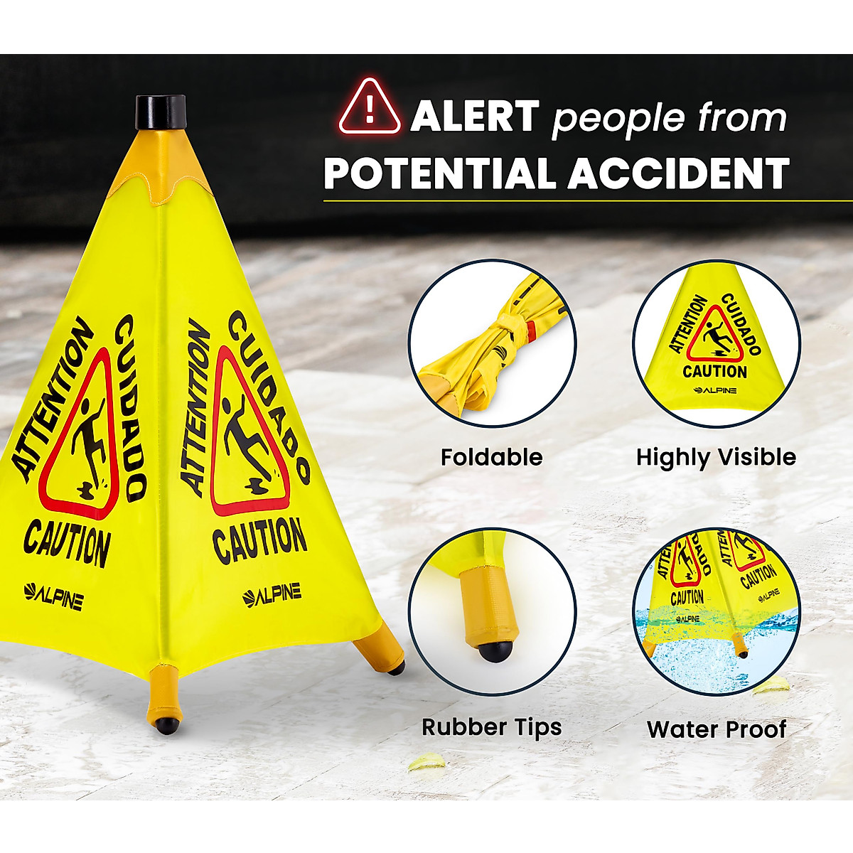 Alpine Caution Wet Floor Sign - Pop Up Slippery When Wet Sign, Wall Mounted Foldable Bilingual Yellow Safety Warning Caution Cone For Commercial & Office Use (30 Inches)