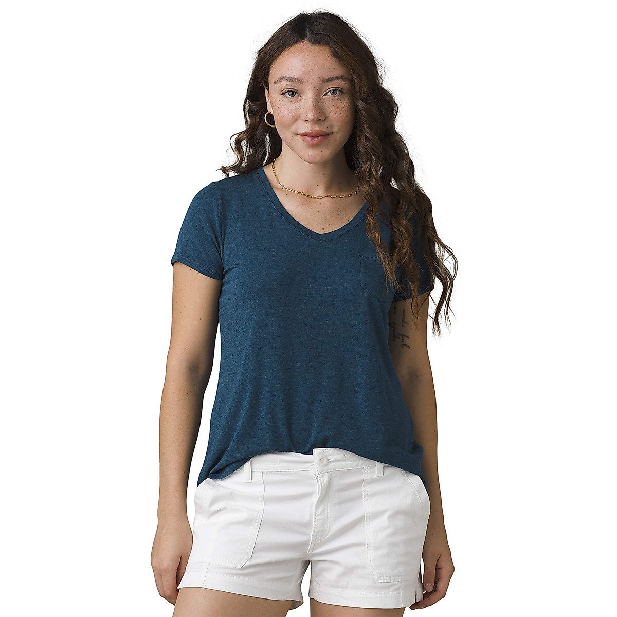 prAna Women's Foundation Short Sleeve V-Neck, Atlantic Heather, Medium