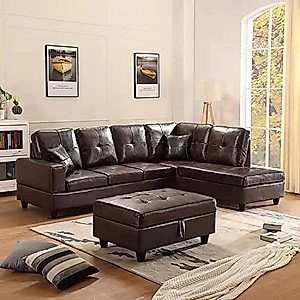 FANYE L-Shaped Corner 5 Seaters Sectional Sofa with Left Chaise & Storage Ottoman,Modern Faux Leather Sectional & Sofa Couch with 2 Pillows for Home Office Apartment Living Room Furniture Sets, Brown