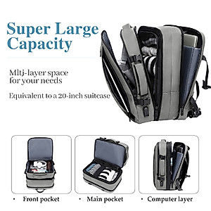 Travel Laptop Backpack, Extra Large 25-40L Expandable Carry On Backpack for Women Men with USB Charging Port, Water Resistant Luggage Computer Backpacks Bag Fits 17.3 Inch Laptop and Notebook,Grey