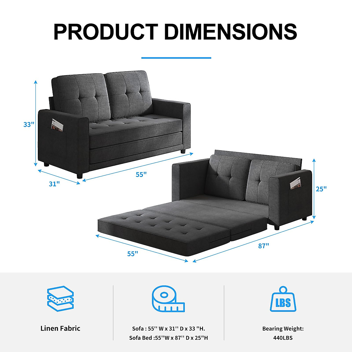 PUREMIND Floor Sleeper Sofa Bed, Upholstery 2-in-1 Pull Out Couch Bed, Loveseat Folding Futon Sofa Bed with Cushion, Convertible Floor Gaming Couch Bed for Living Room, Apartment, Office