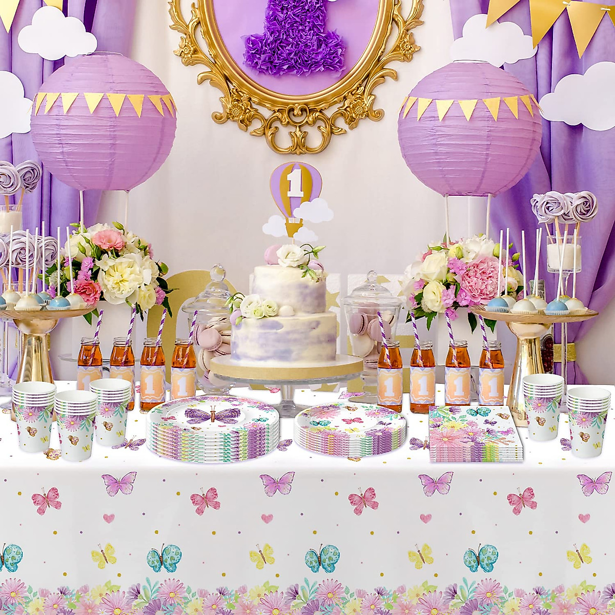 Xigejob Butterfly Party Decorations Tableware - Butterfly Birthday Party Supplies Include Plate, Cup, Napkin, Tablecloth, Cutlery, Straws, Butterfly Baby Shower Birthday Party Decorations | Serve 24