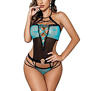 Avidlove Women Sexy Lingerie Bodysuit Bandage Halter Teddy One Piece Babydoll, New Blue,L