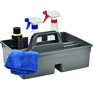3-Compartment Plastic Cleaning Caddy Tray– Stackable Large Commercial Quality Plastic Tool Organizer Bucket with Handle, Grey