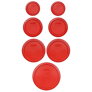 Pyrex Poppy Red (2) 7202-PC, (2) 7200-PC, (2) 7201-PC, & (1) 7402-PC Round Plastic Food Storage Replacement Lids, Made in USA