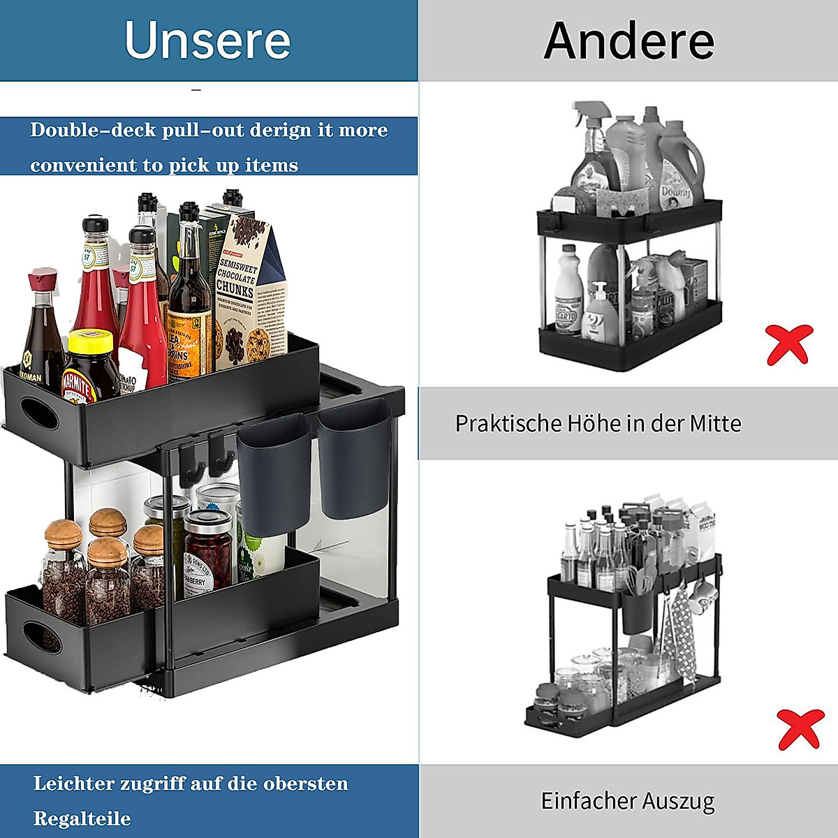 2 PackUnder sink organizer, double pull-out drawer multi-purpose under sink organizers and storage for bathroom kitchen,8 hooks 4cup