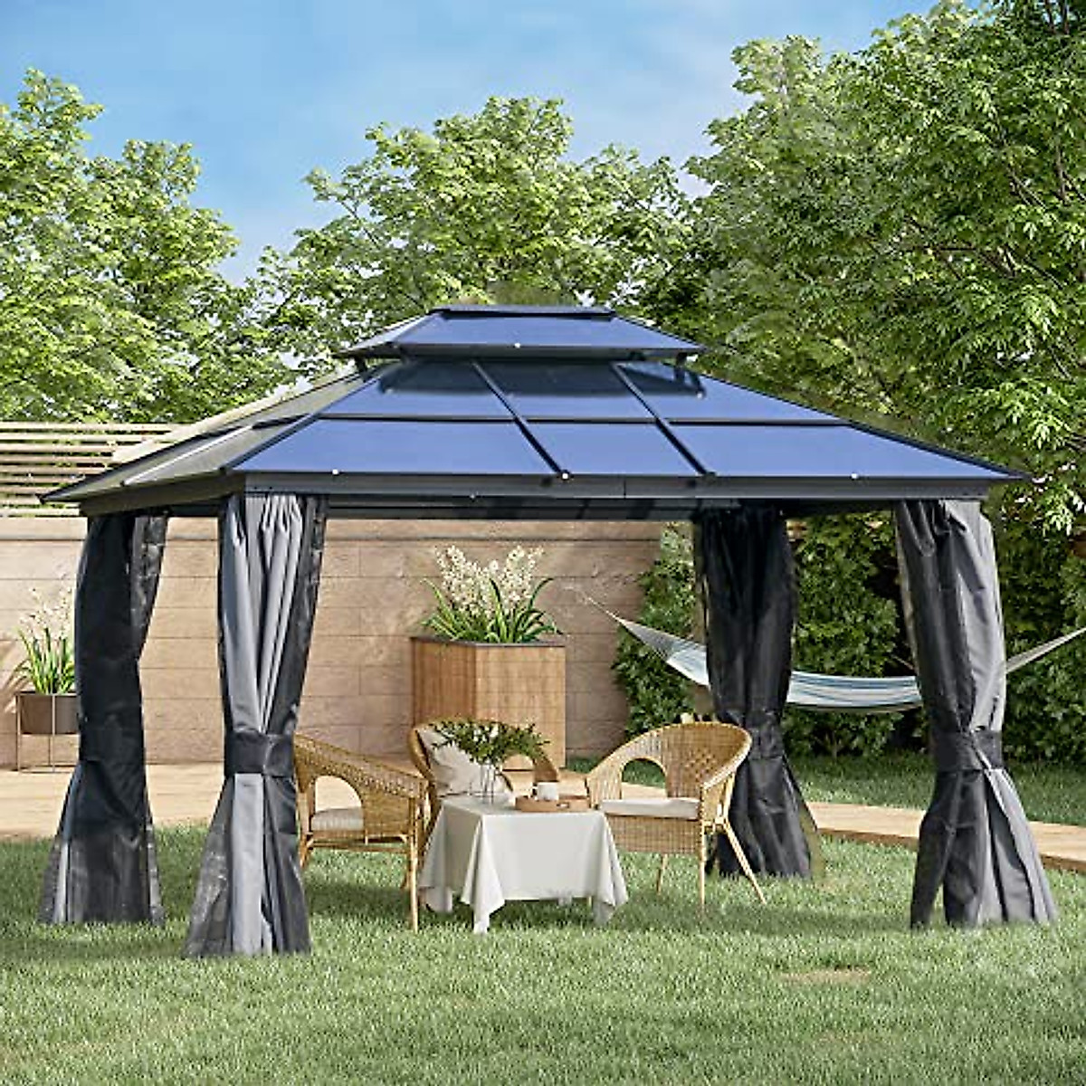 Outsunny 10' x 12' Hardtop Gazebo Canopy with Polycarbonate Roof, Aluminum Frame, Permanent Pavilion Outdoor Gazebo with Netting, for Patio, Garden, Backyard, Deck, Lawn, Light Gray