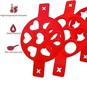 Pancake Mold Maker Fried Non-Stick Egg Mold Reusable Silicone Pancake 7 Cavity Egg Ring 3 Pack and Silicone Brush (Heart Round Star)