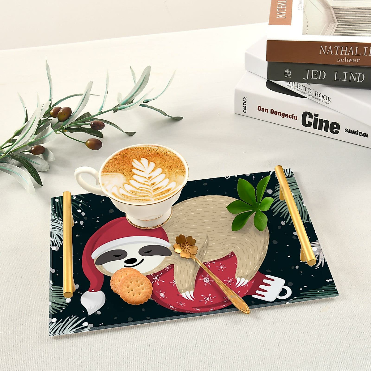 Cute Sloth Christmas Bathroom Tray Perfume Organizer Serving Tray with Gold Handles Coffee Table Trays Decorative Tray for Bathroom,Ceramic Kitchen Soap Tray