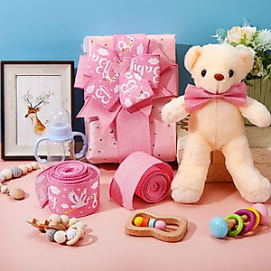 Chuangdi 2 Rolls Baby Ribbon 10 Yards Burlap Wired Ribbon 2.5 Inch Cute Ribbon for Baby Shower Diaper Cake Home Baby Girl Boy Favors Wreaths Bows Crafts Decorations Gift Box Table Decor (Pink)