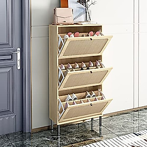 Rattan 3-Drawer Shoe Cabinet Rustic Freestanding Shoe Rack Organizer Wooden Entryway Narrow Shoe Storage Cabinet w/Natural Rattan Flip Doors for Closet Hallway Small Space(1 Pack-Natural)