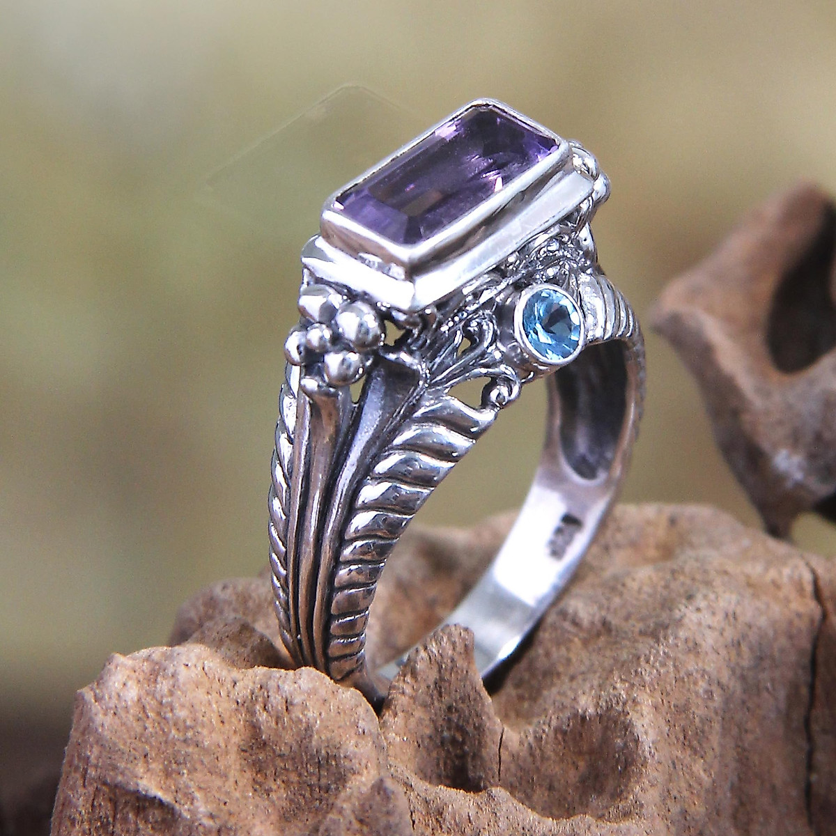 NOVICA Artisan Handmade Amethyst Blue Topaz Cocktail Ring Sterling Silver Purple Indonesia Birthstone [crownbezel 0.8 in L x 0.3 in W x 0.3 in H Band Width 4 mm W] ' Sea Temple'