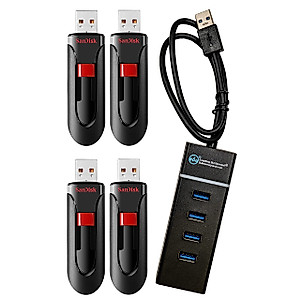 SanDisk Cruzer Glide 128GB Flash Drive (4 Pack) USB 2.0 Port Jump Drive Pen Drive (SDCZ60-128G-B35) Bundle with (1) Everything But Stromboli 4 Port USB 3.0 Hub