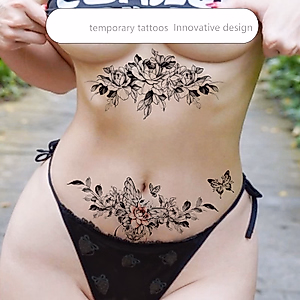 ROARHOWL sexy temporary tattoos for women,sexy tattoo kit, beautiful and exquisite,3D realistic flowers, butterflies, abdomen, chest, waist and back apply false tattoos for girl (Design 3)