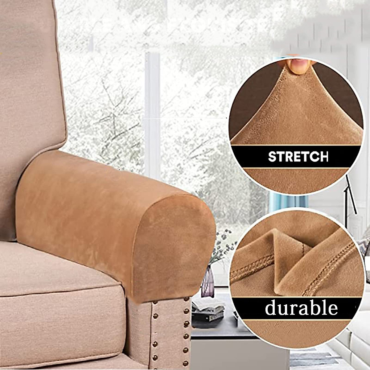 ZHOUZHOU Stretch Velvet Sofa Armrest Covers Anti-Slip Chair Arm Covers, Sofas Arm Slipcovers Soft Recliner Armrest Protector Armchair Covers for Chair Couch 2pcs, Gray