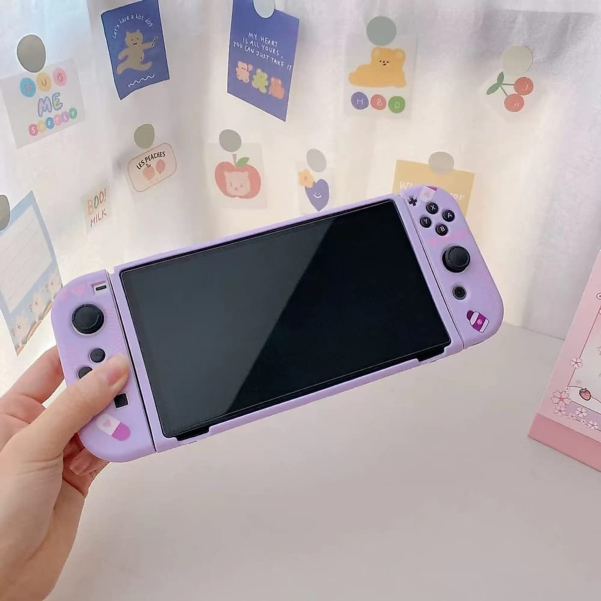 Cute Kuromi Case Compatible with Nintendo Switch OLED, Dockable Case Cover, Ergonomic Soft TPU Grip Case for Joycon, Sparkle Skin Set