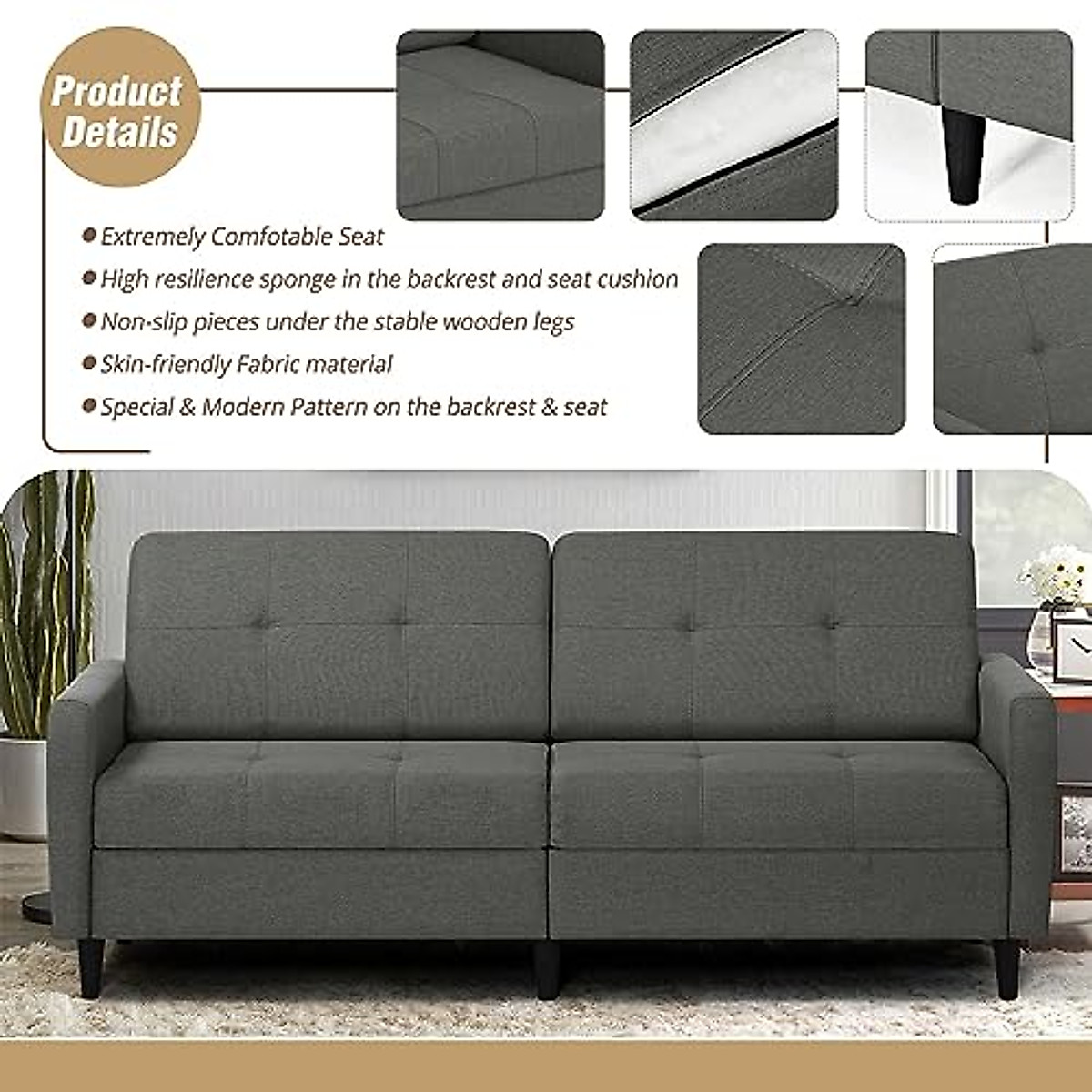 BIVVI 77” Long Linen Fabric Sofa Bed Convertible Loveseat Couch with Adjustable Backrest and Wooden Legs,Sleeper Lounge Couch for Living Room/Dorm/Guest/Home Office/Apartment,Gray