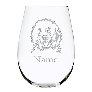 Goldendoodle dog themed with name 17 oz. stemless wine glass