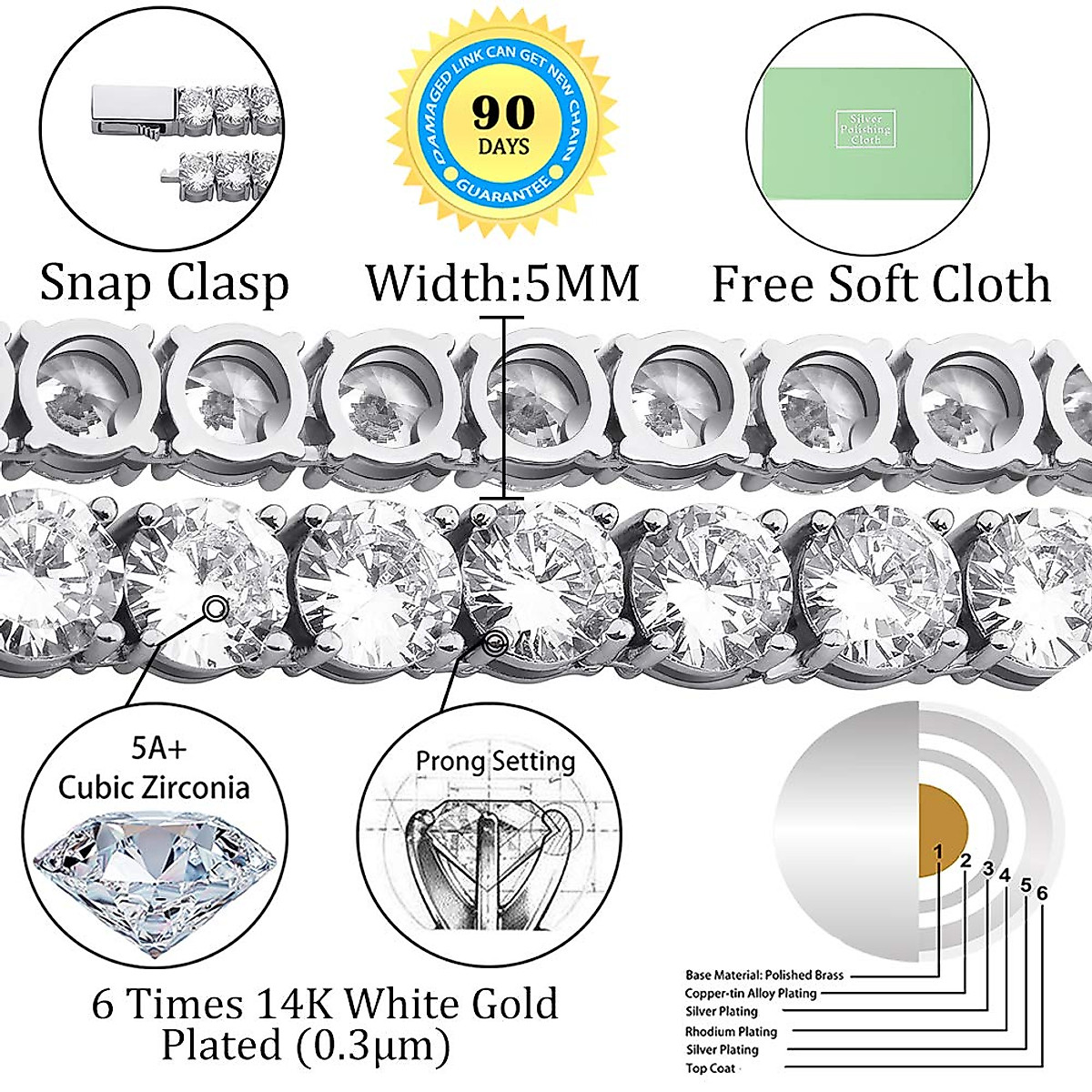 TOPGRILLZ Tennis Necklace Chain for Men 1Row 4mm/6mm 14K Gold Plated Iced Out Diamond Choker Necklace for Women (5mm-Rhodium Plated, 18)