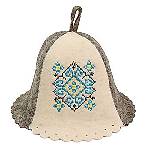 PetriStor Ukrainian Sauna Hat Ornament Blue - Hats Sauna Hat for Men - Ukraine Sauna Hat for Men - Bathhouse Hat - Natural Felt - Sauna Hat Finnish - Wool Sauna Hat for Men