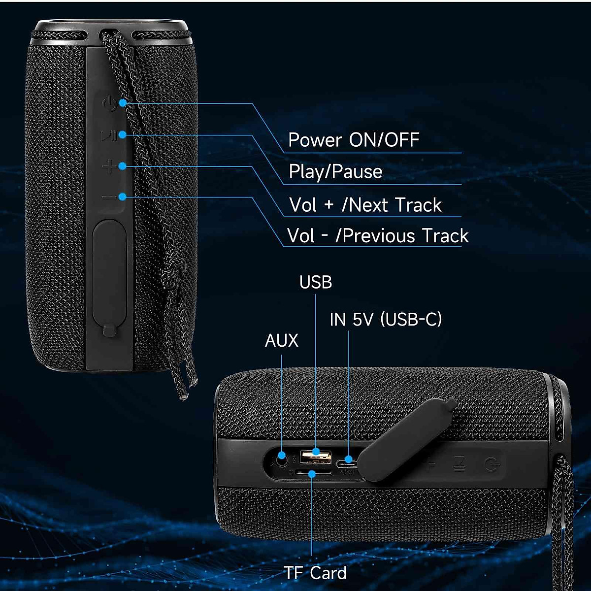 UrbanX Scorpio Series Bluetooth Speaker, IPX6 Waterproof Speakers HD Surround Sound with Punchy Bass, True Wireless Pairing, BT5.3, Portable Speaker for Blade V7 Max - Black