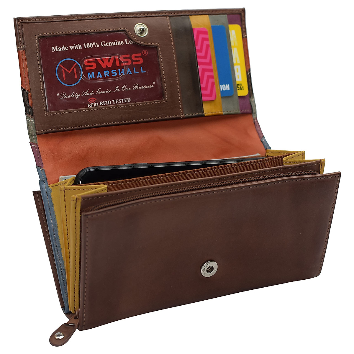 Swiss Marshall Womens Wallet RFID Blocking Genuine Leather Large Capacity Clutch Purse Smartphone Wallet Credit Card Holder (Multicolor)